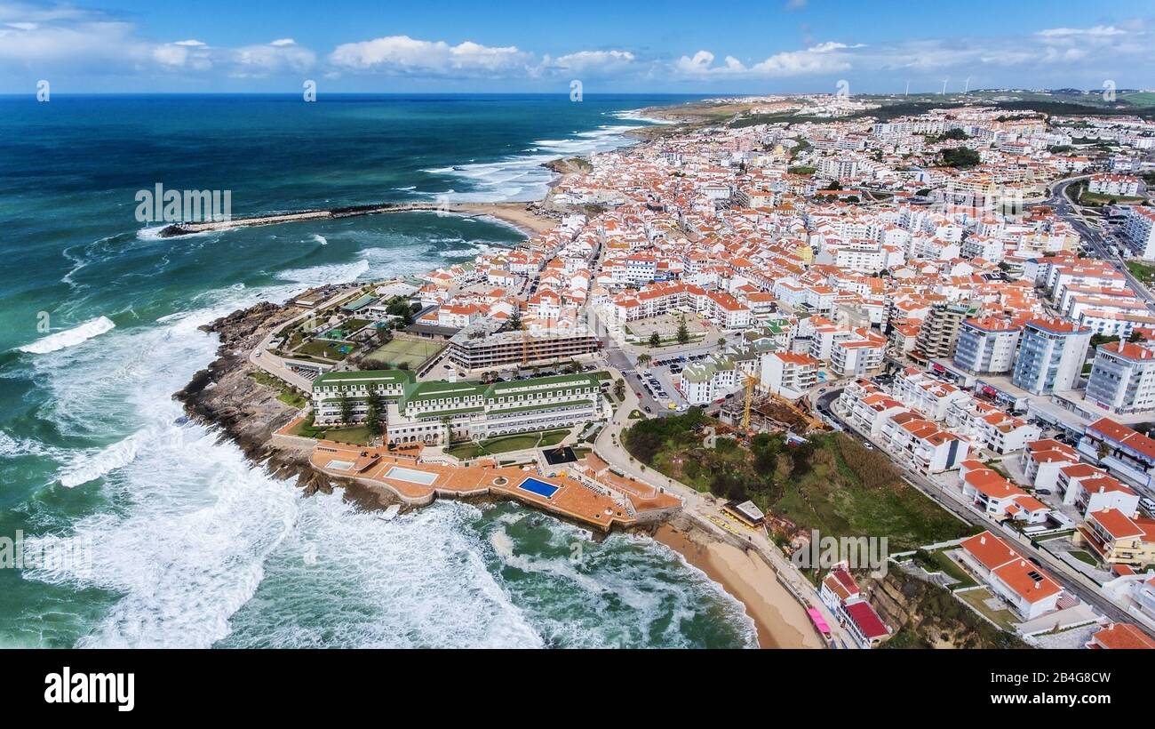 Aerial. Aerial view of the town of Ericeira coasts and streets. Lisbon ...