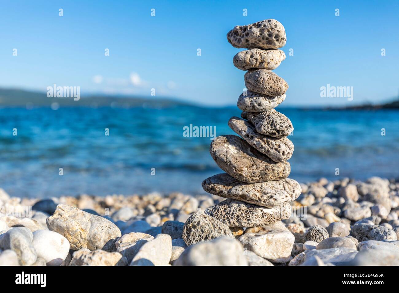 Stack of pebbles on the beach in Krk, island of Krk, Primorje-Gorski ...
