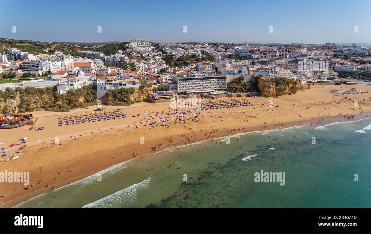 Aerial view of city of Albufeira, beach pescadores, in the south of ...