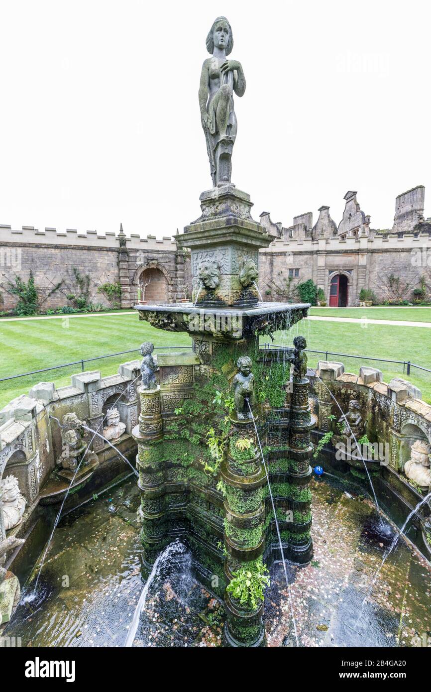 Fountain in courtyard of Bolsover Castle, Leicestershire, England, UK ...