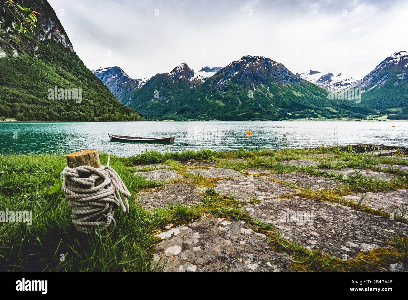Boat, lake, Oppstrynsvatnet, Hjelle, Stryn, Norway, Scandinavia Stock ...
