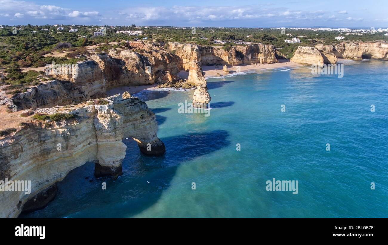 Aerial. Beautiful Portuguese beaches Marinha, Albufeira view from the ...