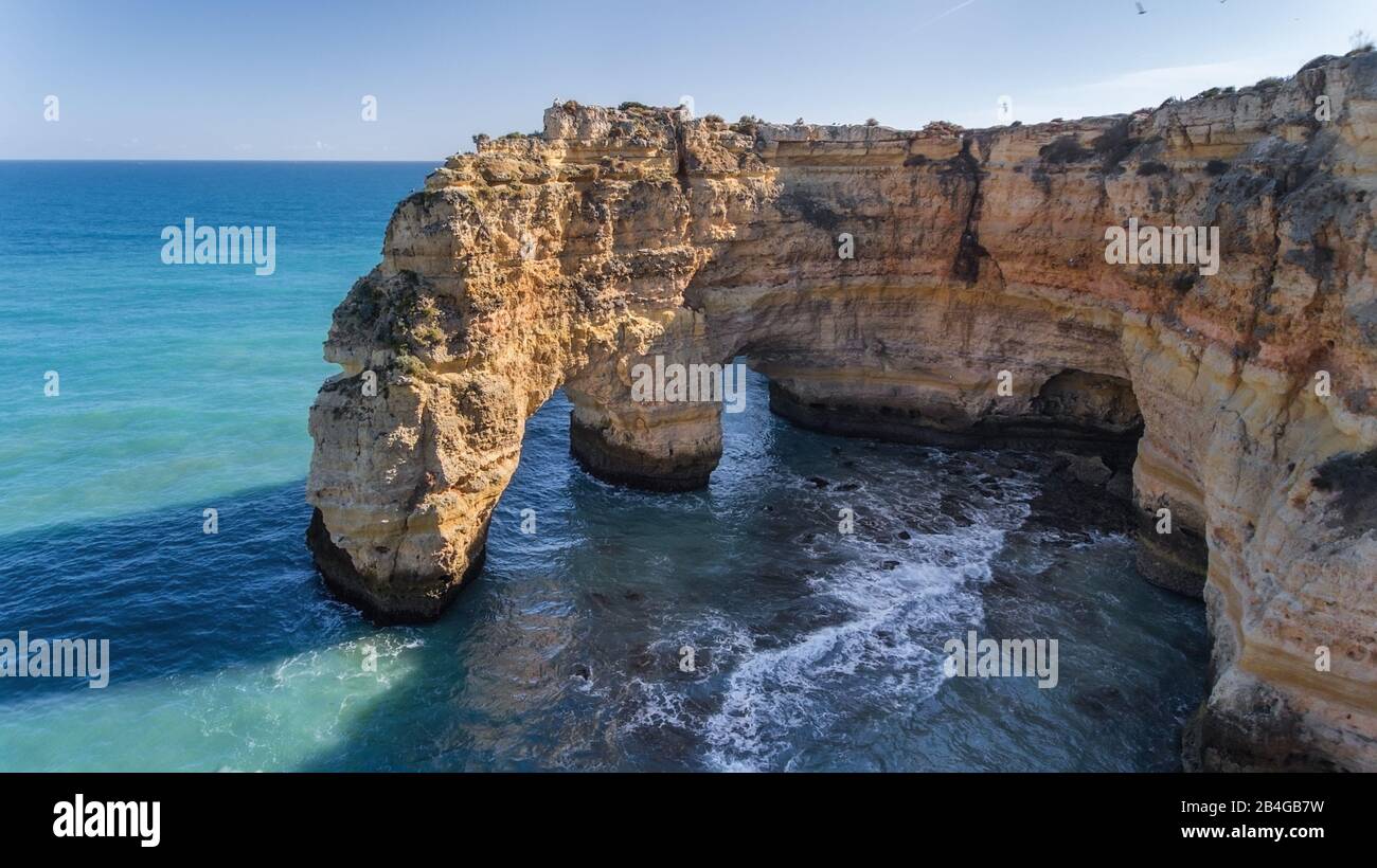 Aerial. Beautiful Portuguese beaches Marinha, Albufeira view from the ...