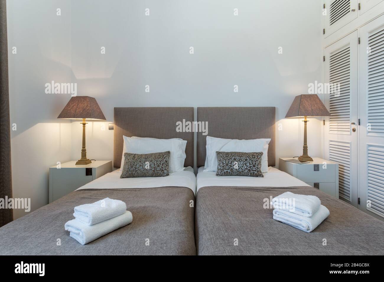 Bedroom in modern style with bed and pillows. Front view Stock Photo ...