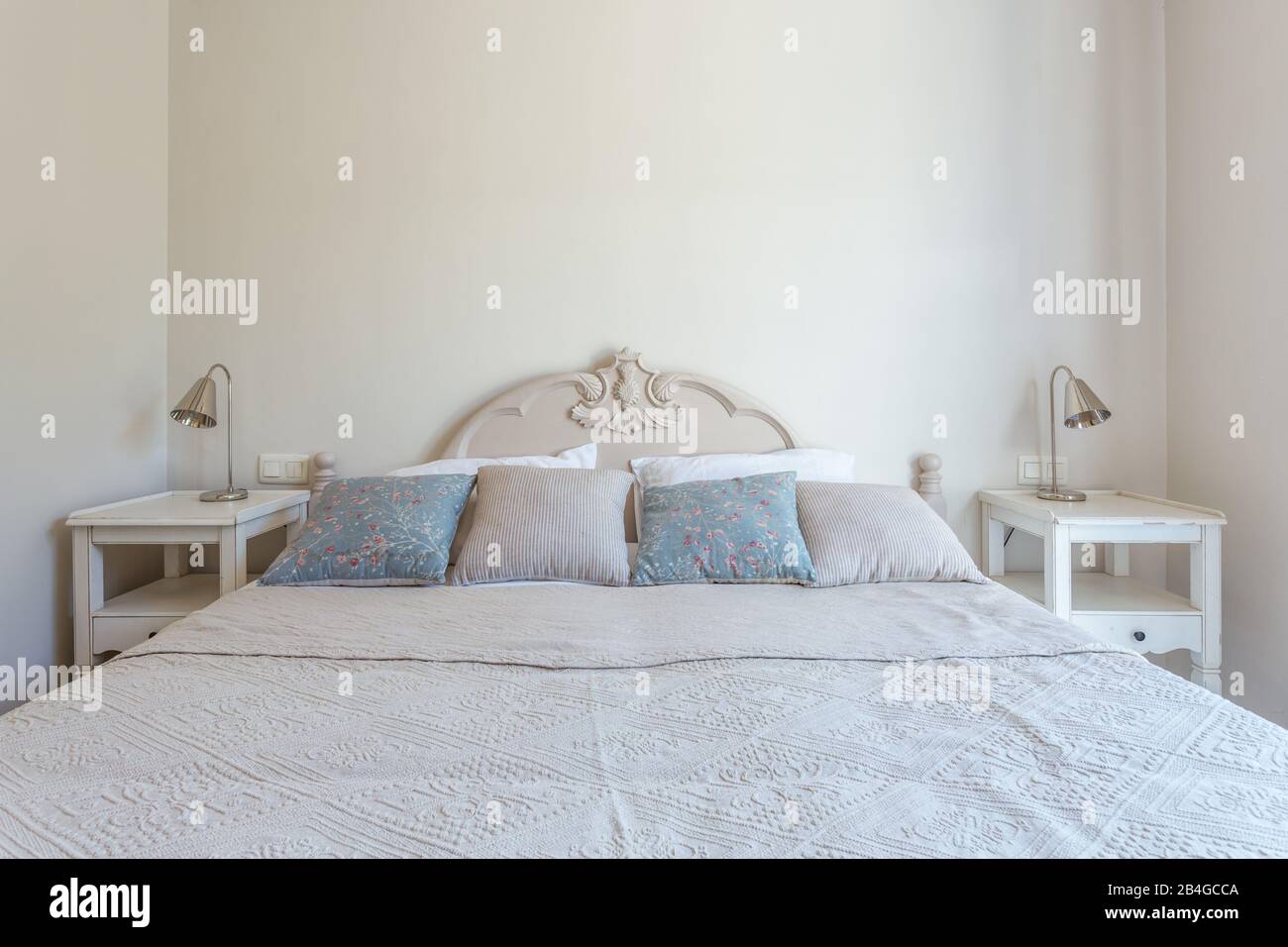 Bedroom in modern style with bed and pillows. Front view Stock Photo ...