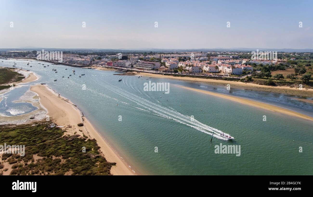 Aerial. Boat on the river Ria Formosa Santa Luzia, Tavira Stock Photo ...