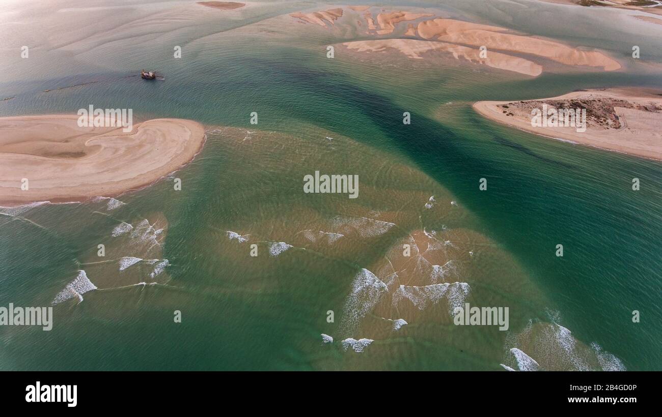 Aerial. Sandy beaches in Ria Formosa, Fuseta and seagulls Stock Photo ...