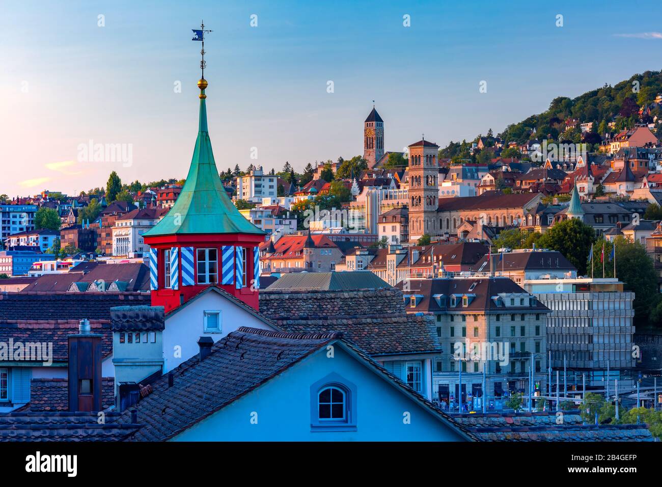 Aerial view over roofs and towers of Old Town of Zurich, the largest ...