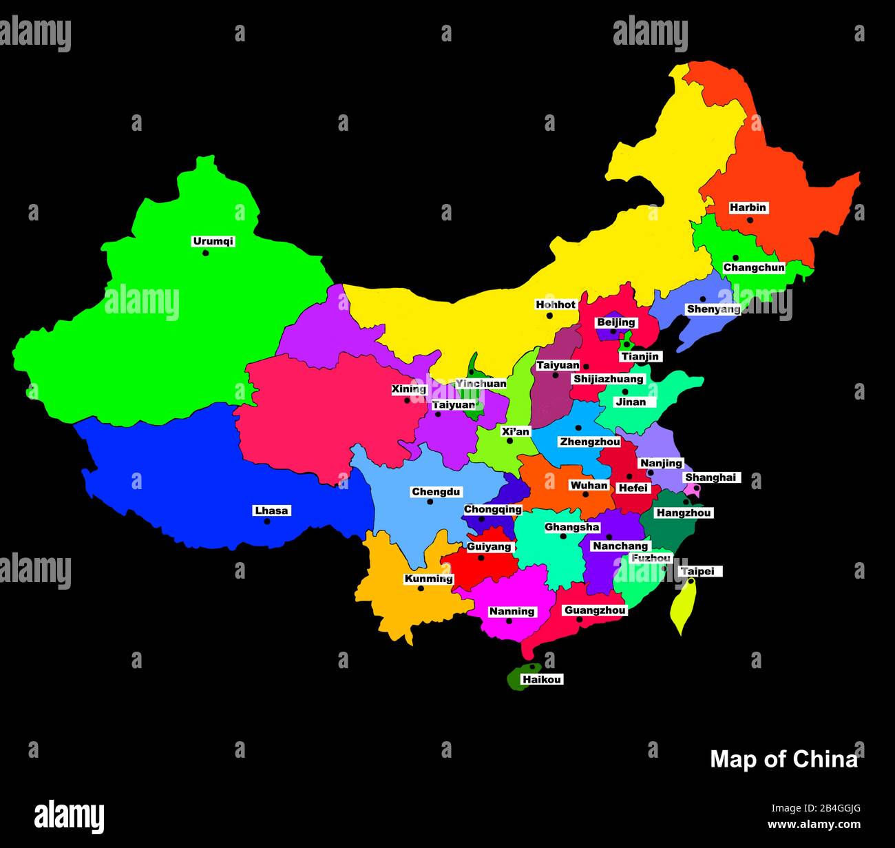 Bright Map of China. map of China graphic illustration on black ...