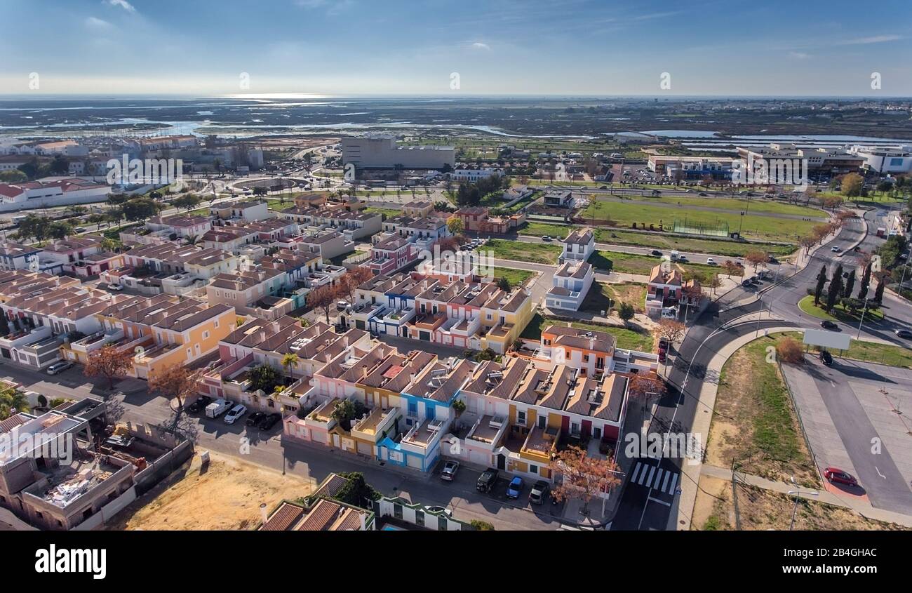 Aerial. City of Faro from bird's eye view, street Hortas de Figuras ...