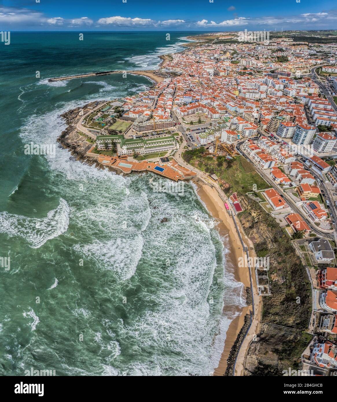 Aerial view of the town of Ericeira coasts and streets- Vertical ...