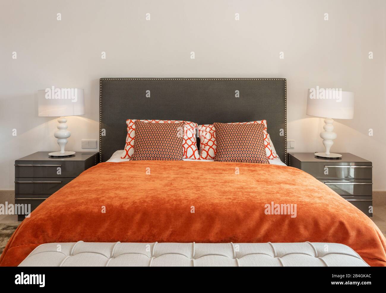 Bedroom in modern style with bed and pillows. Front view Stock Photo ...