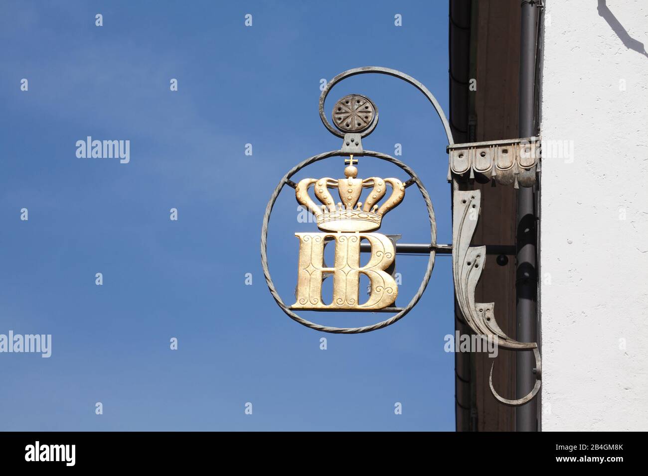 Hanging sign with Hofbräuhaus logo, am Platzl, Munich, Upper Bavaria ...