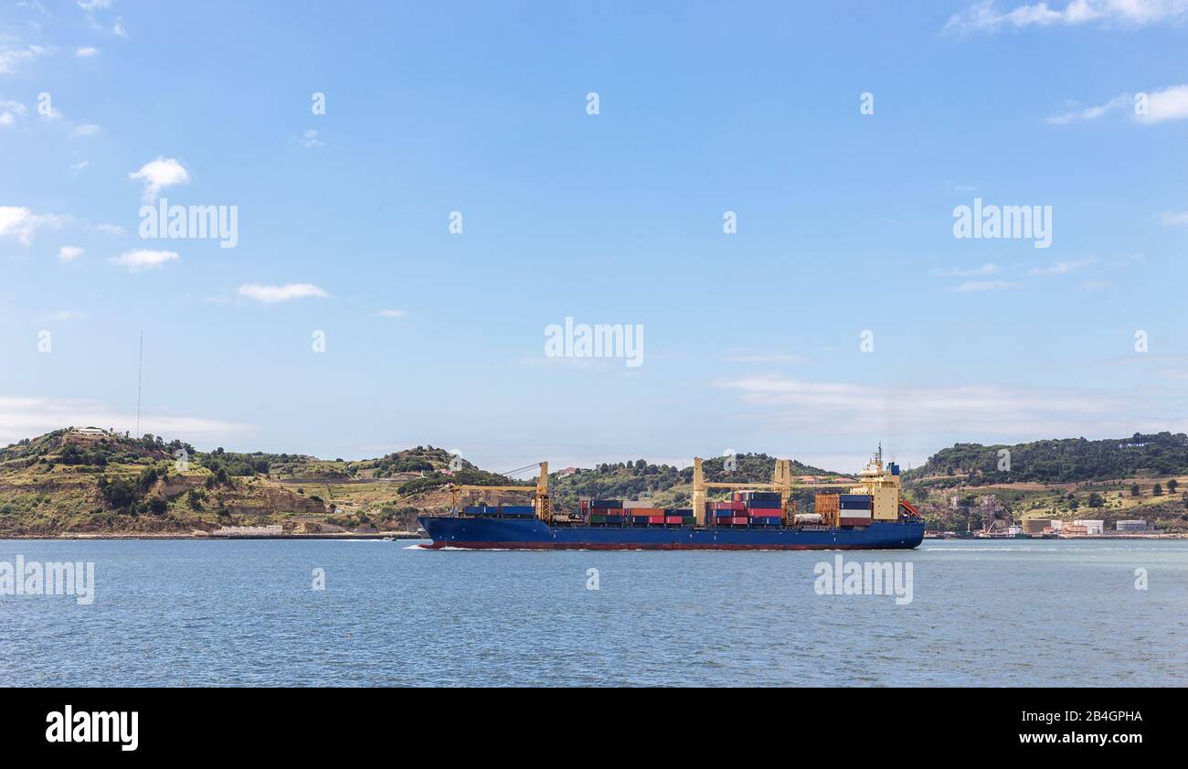 Marine industrial trailer tanker, crosses the river Tagus. Tejo Stock ...