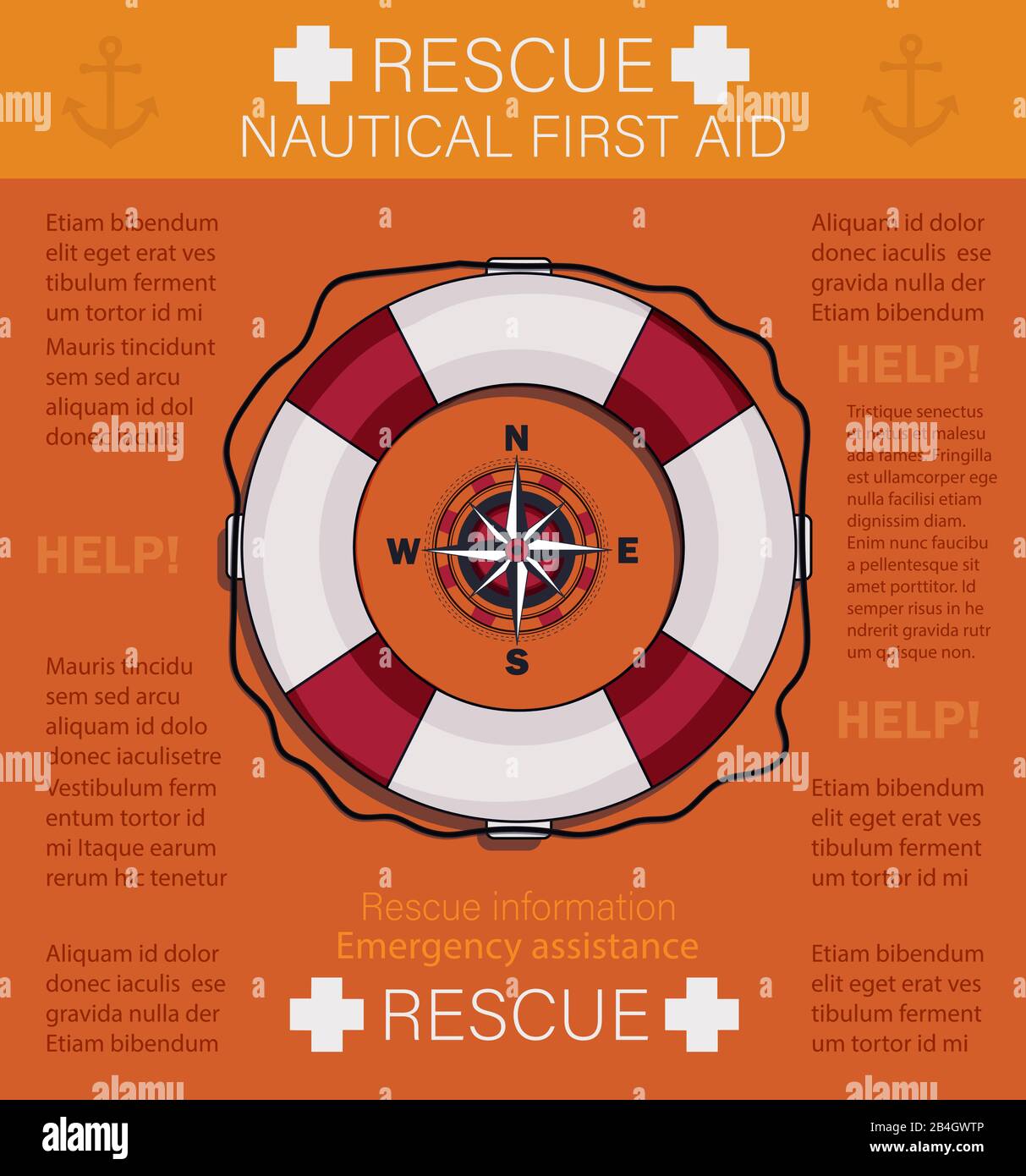 Nautical rescue and first aid poster, lifebuoy with compass on orange ...
