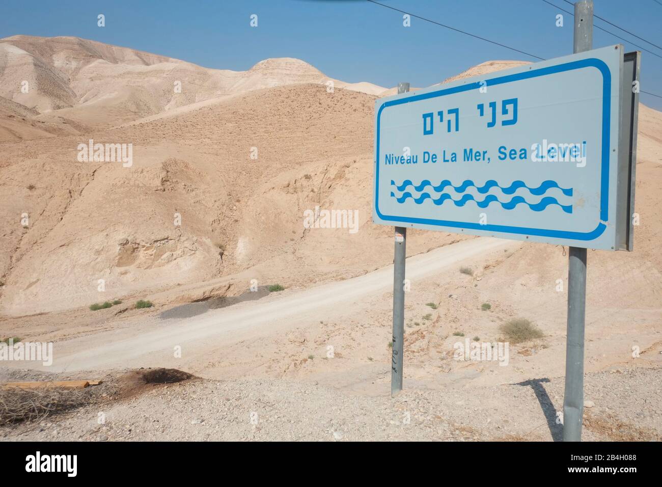 Israel, sea level sign along Highway 90. Highway 90 connects Jerusalem ...