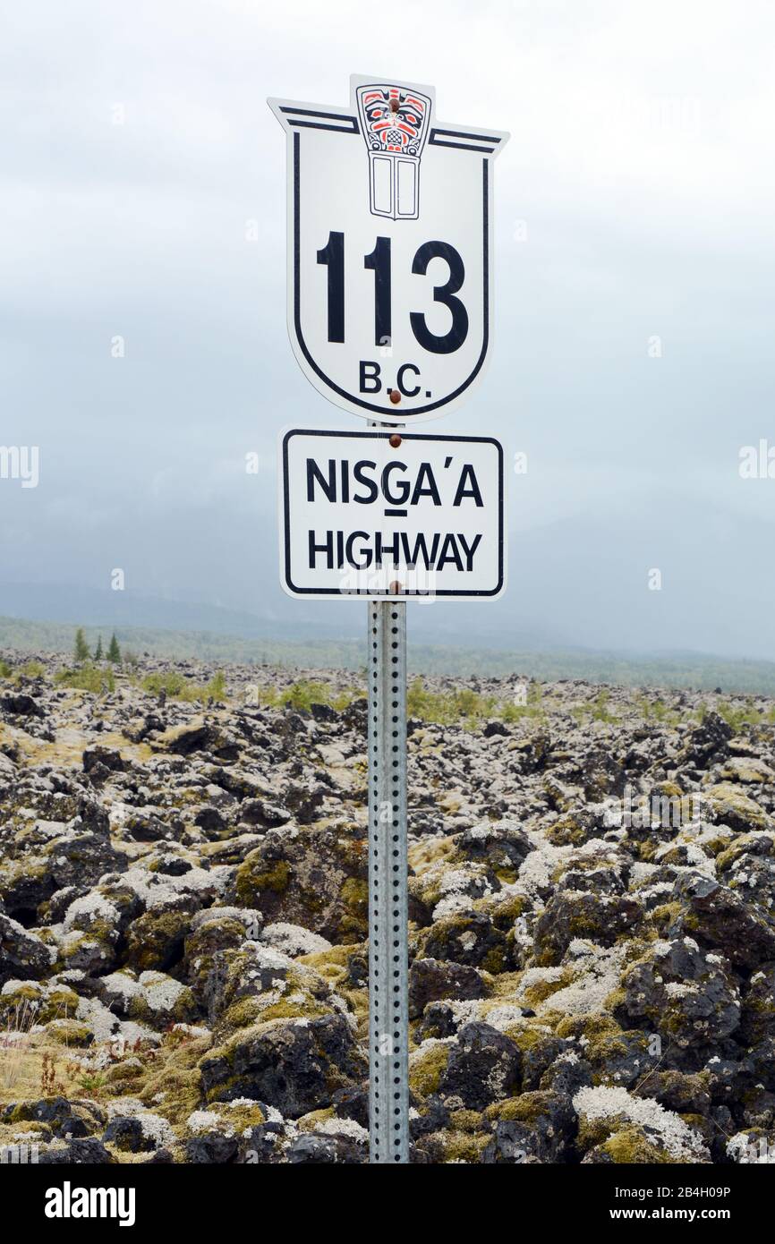 A Nisga'a Highway 113 road sign in the Nisga'a First Nation Memorial ...