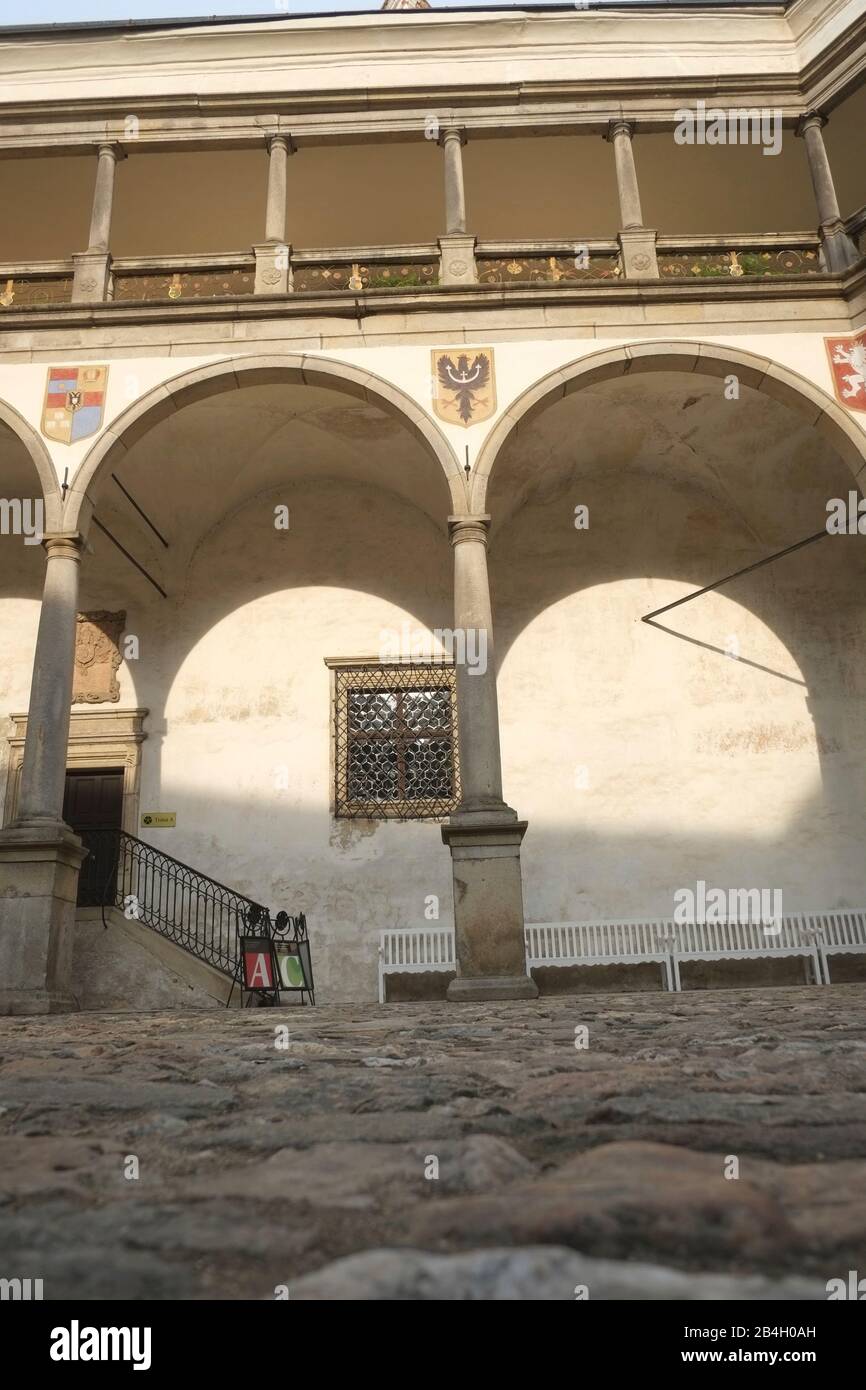 State Chateau Telc. Renaissance arcade-lined courtyard. Czech Republic ...