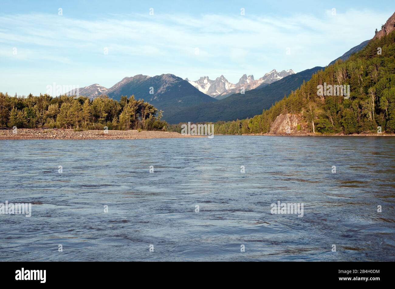 A view of the upper Stikine River and the Coast Mountains and temperate rainforests, near the ...