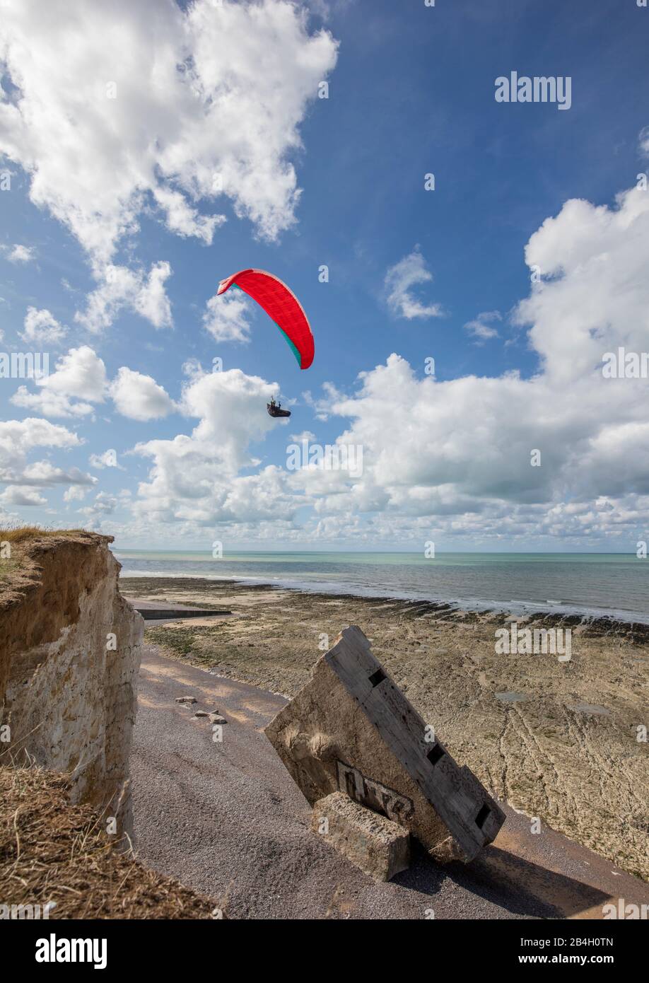 Normandy, paragliding, parachute, German bunker, tilted, beach ...
