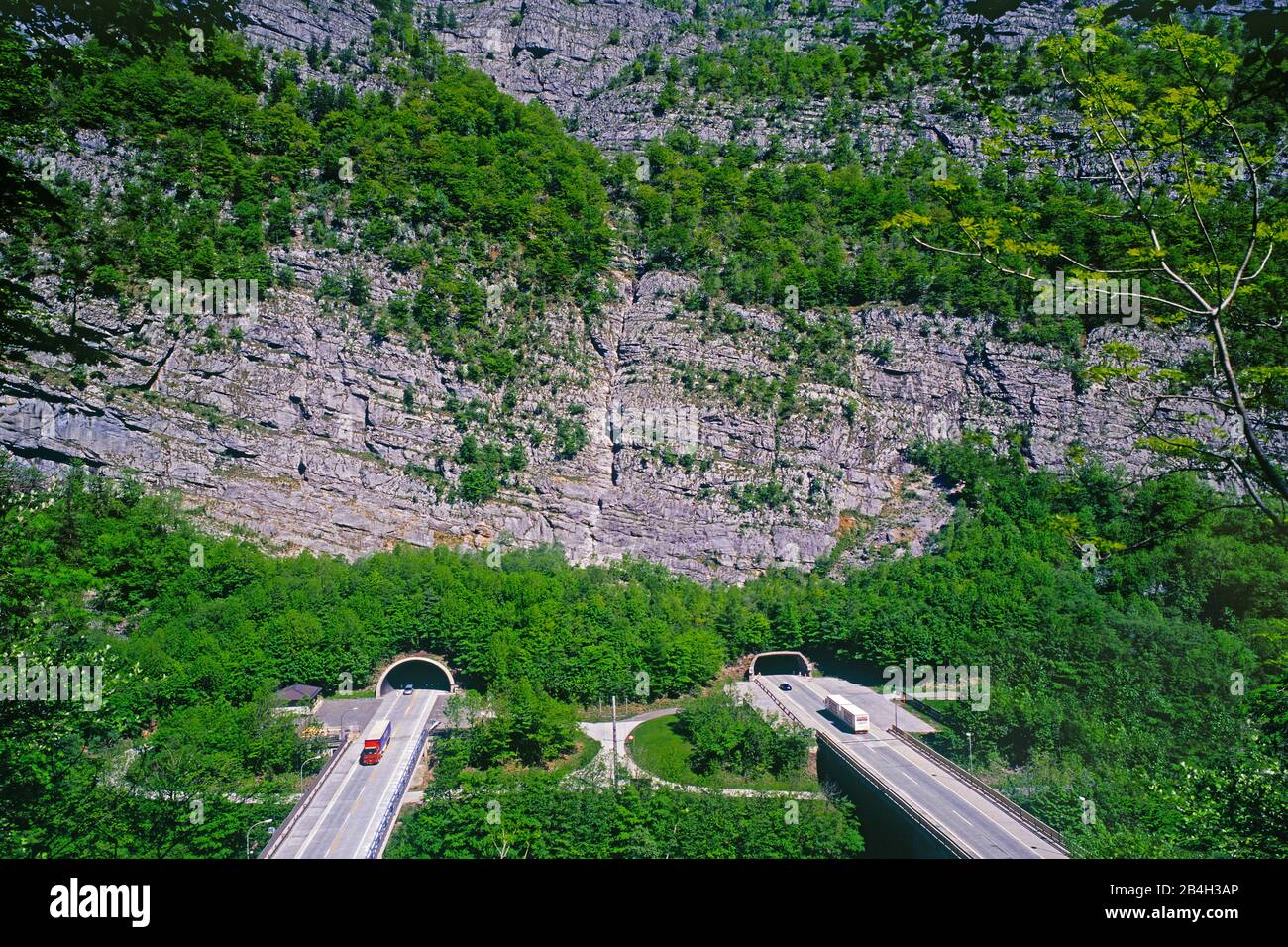 Top view of the Tauernautobahn A10 at the pass Lueg with Hiefler Tunnel ...