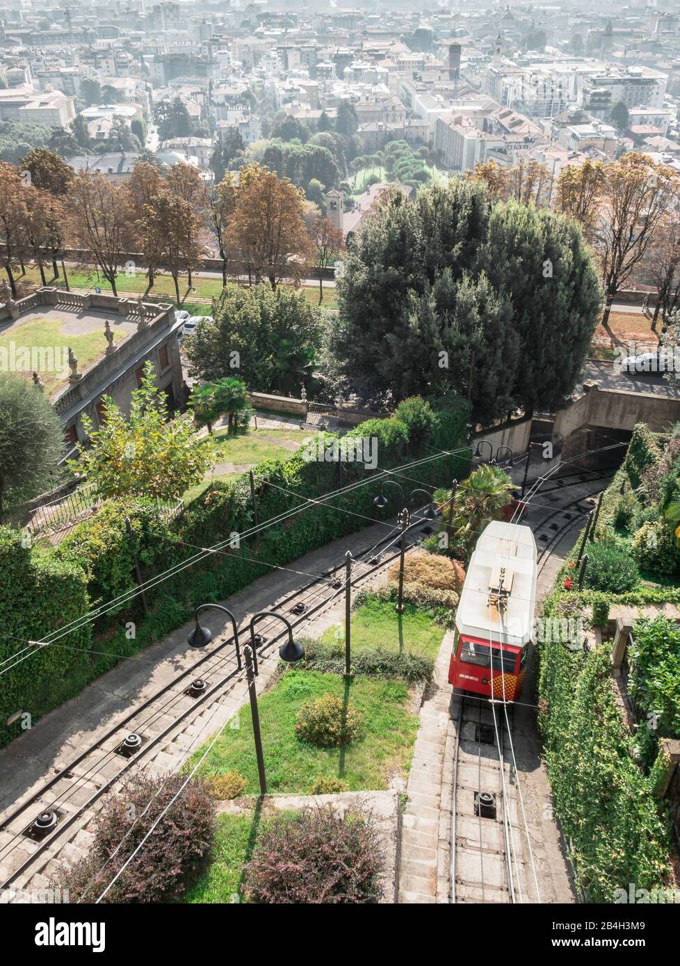 Upper city funicular line in Bergamo (Funicolare Citta Alta). Red ...