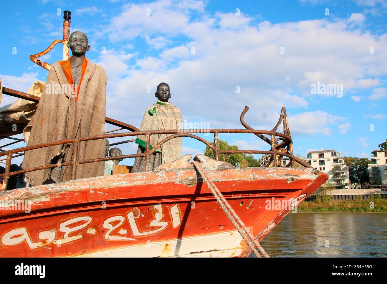 Magdeburg, Germany, refugee ship "Al-hadi Djumaa" arrives, 70 bronze ...