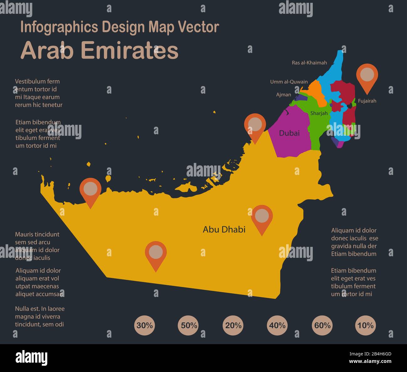 Infographics Arab Emirates map with names of individual administrative ...