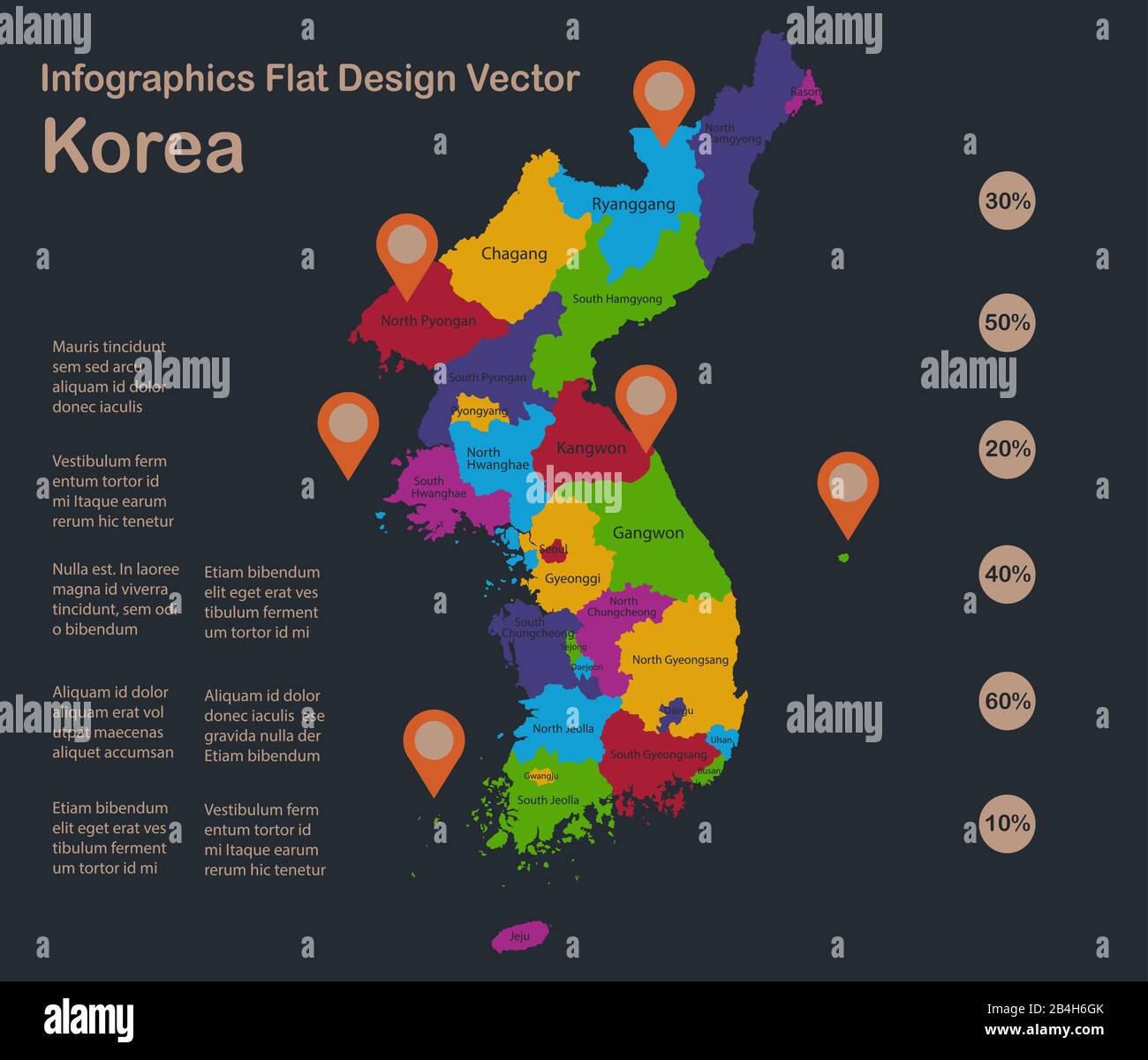 Infographics Korea Republic map, flat design colors, with names of ...