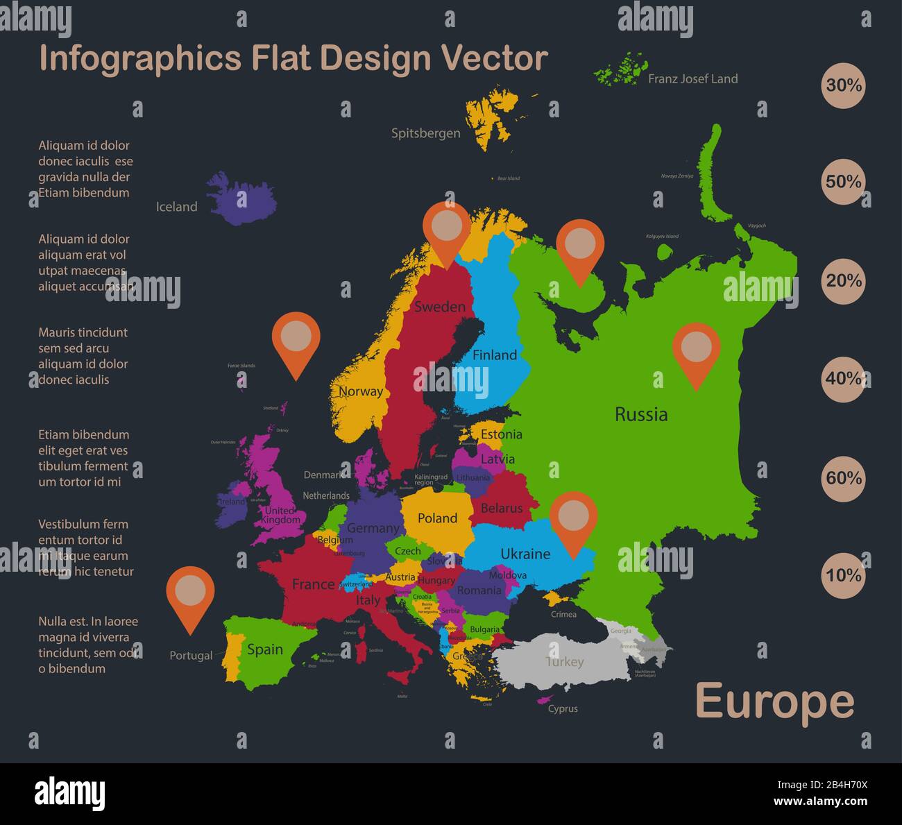 Infographics Europe map, flat design colors, with names of individual ...