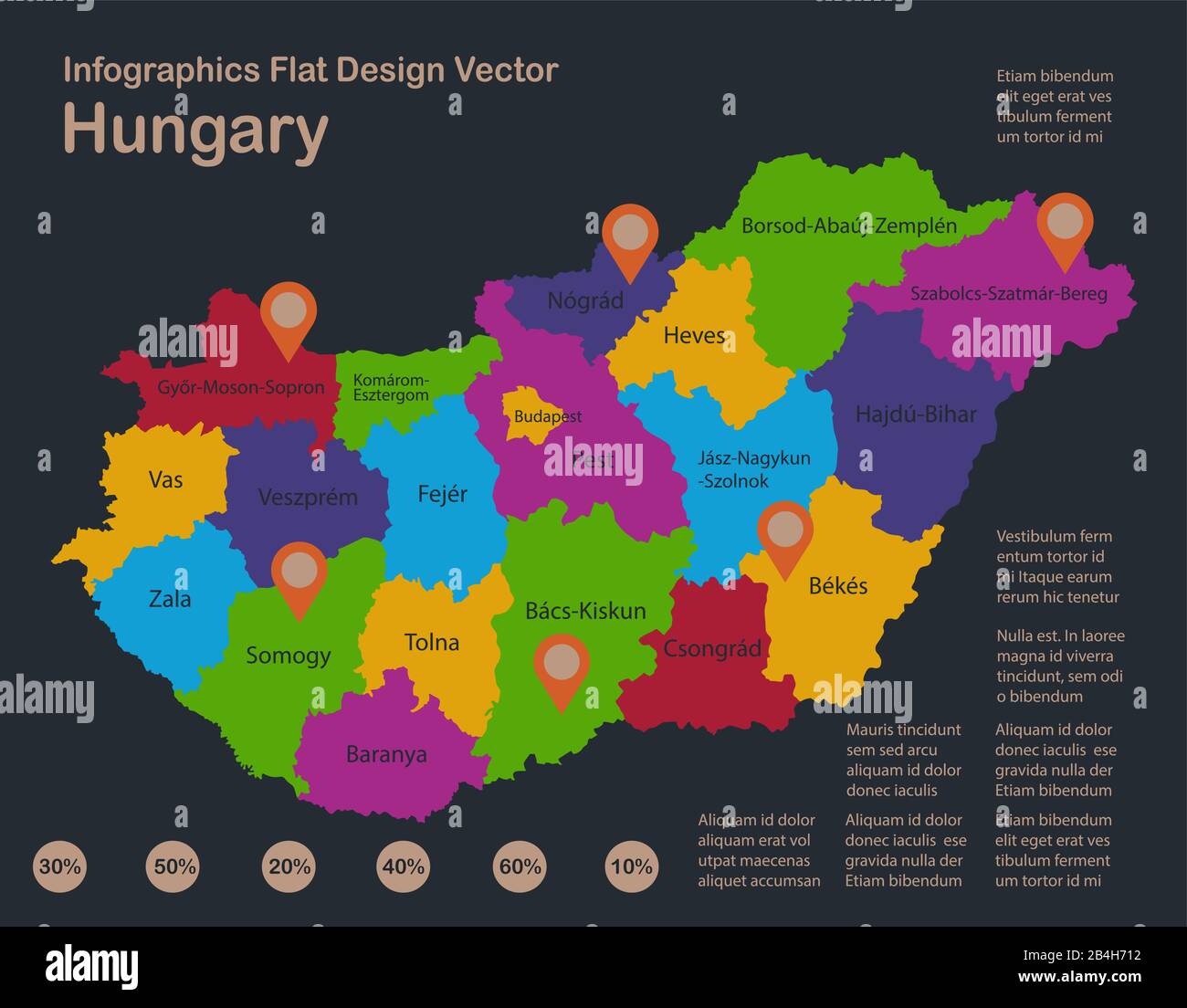 Infographics Hungary map, flat design colors, with names, blue ...
