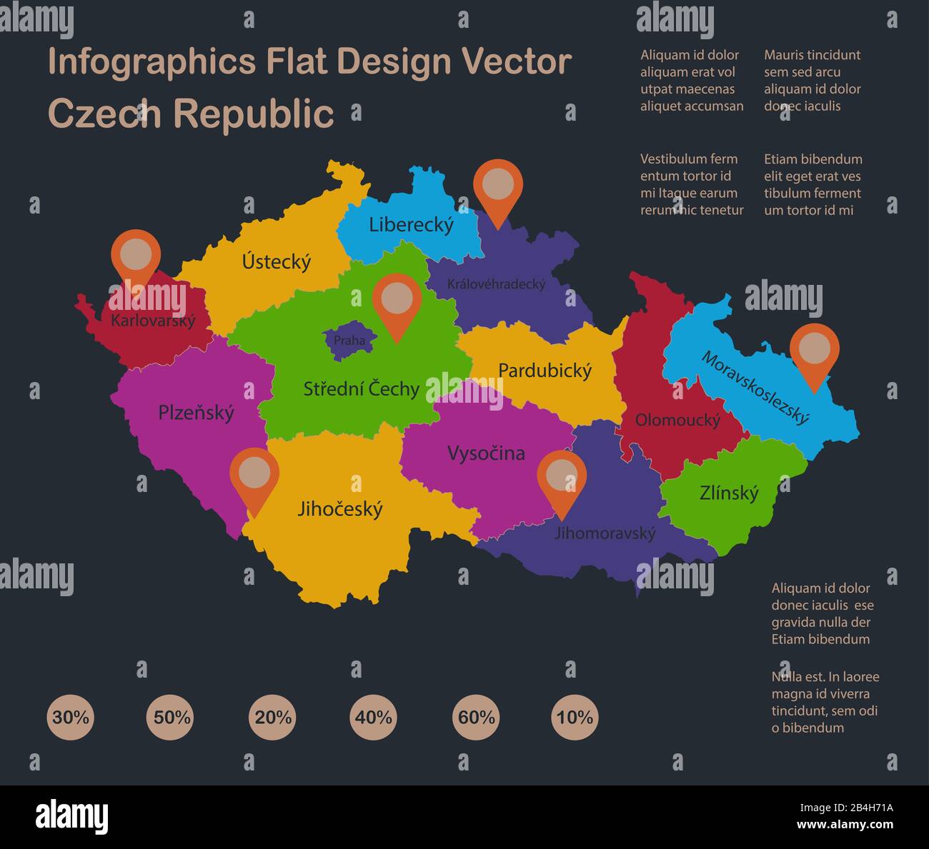 Infographics Czech Republic map, flat design colors, with names of ...