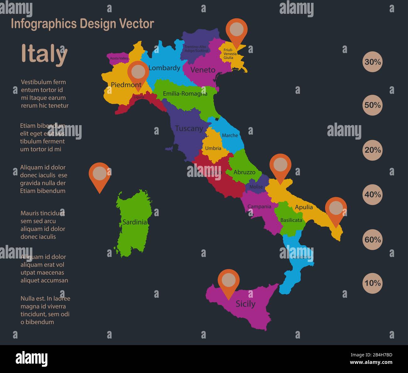 Infographics Italy map, flat design colors, with names of individual ...