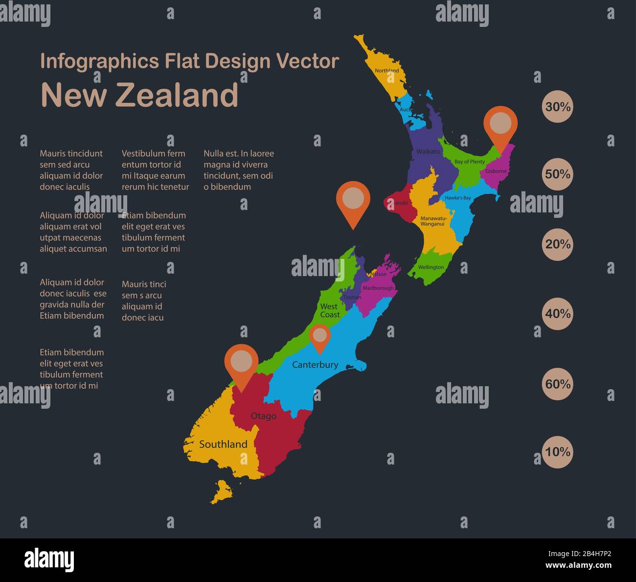 Infographics New Zealand Map Flat Design Colors With Names Of