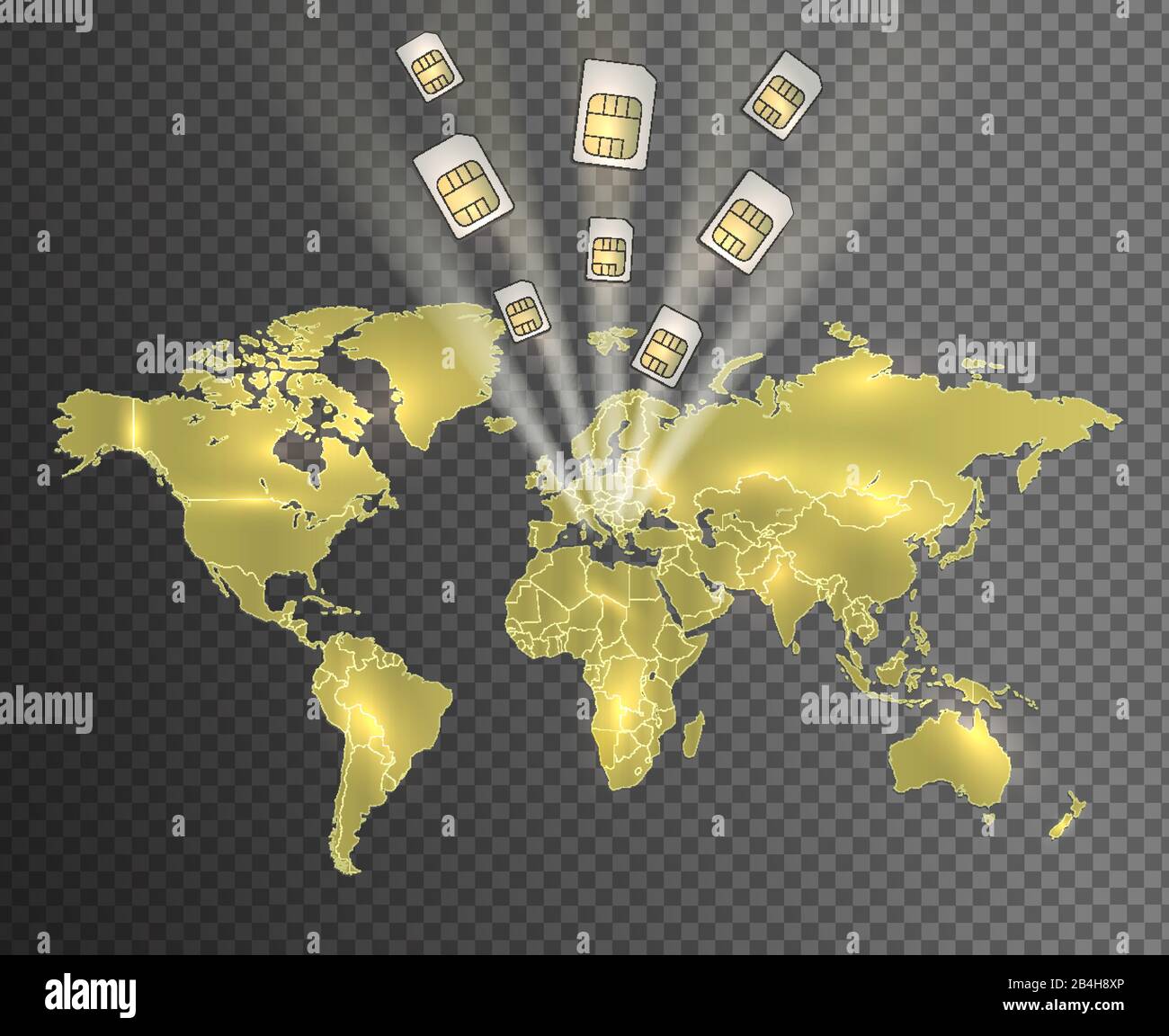 World map of gold with separate states and sim cards in glowing light ...