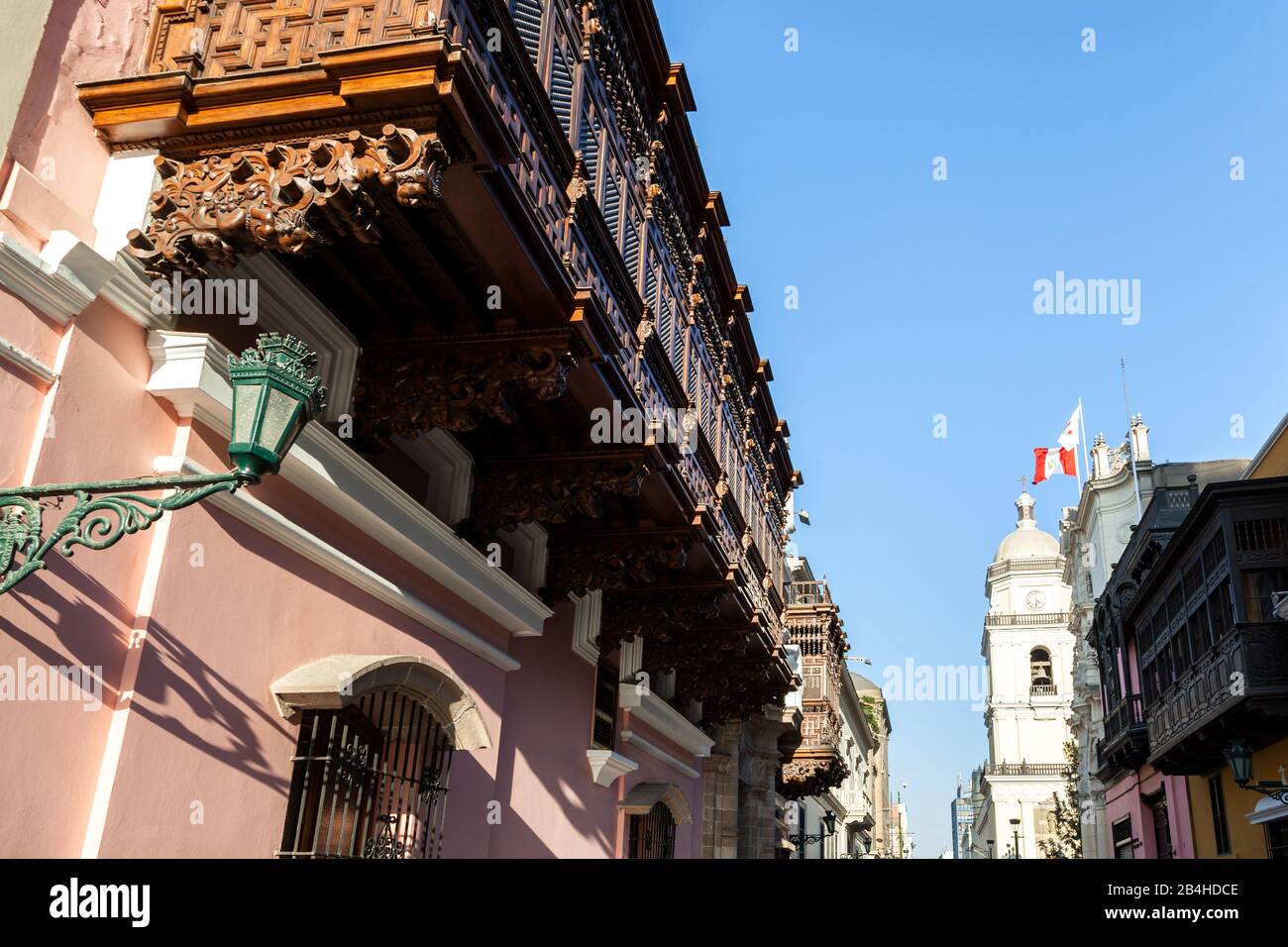 Beautiful wooden balconies with intricate detail down town Lima, Peru ...