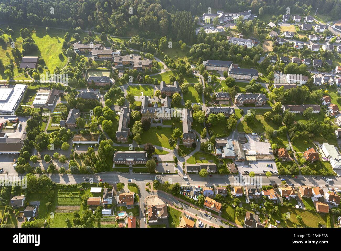 , City view overlooking the grounds of St. Johannes Stift in Marsberg ...