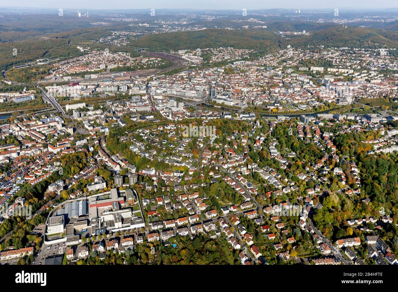 , city center of Saarbruecken at river Saar, aerial view, Germany ...