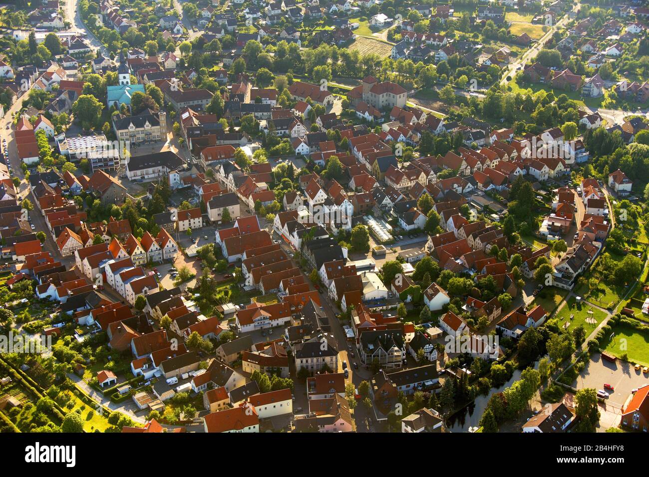 center of district Horn in Horn-Bad Meinberg with evangelic church and townhall, 27.06.2011 ...