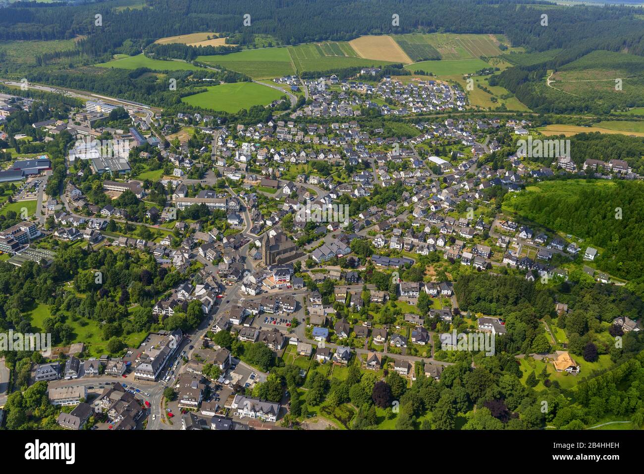, city centre of Olsberg with church St. Nikolaus, aerial view, Germany ...