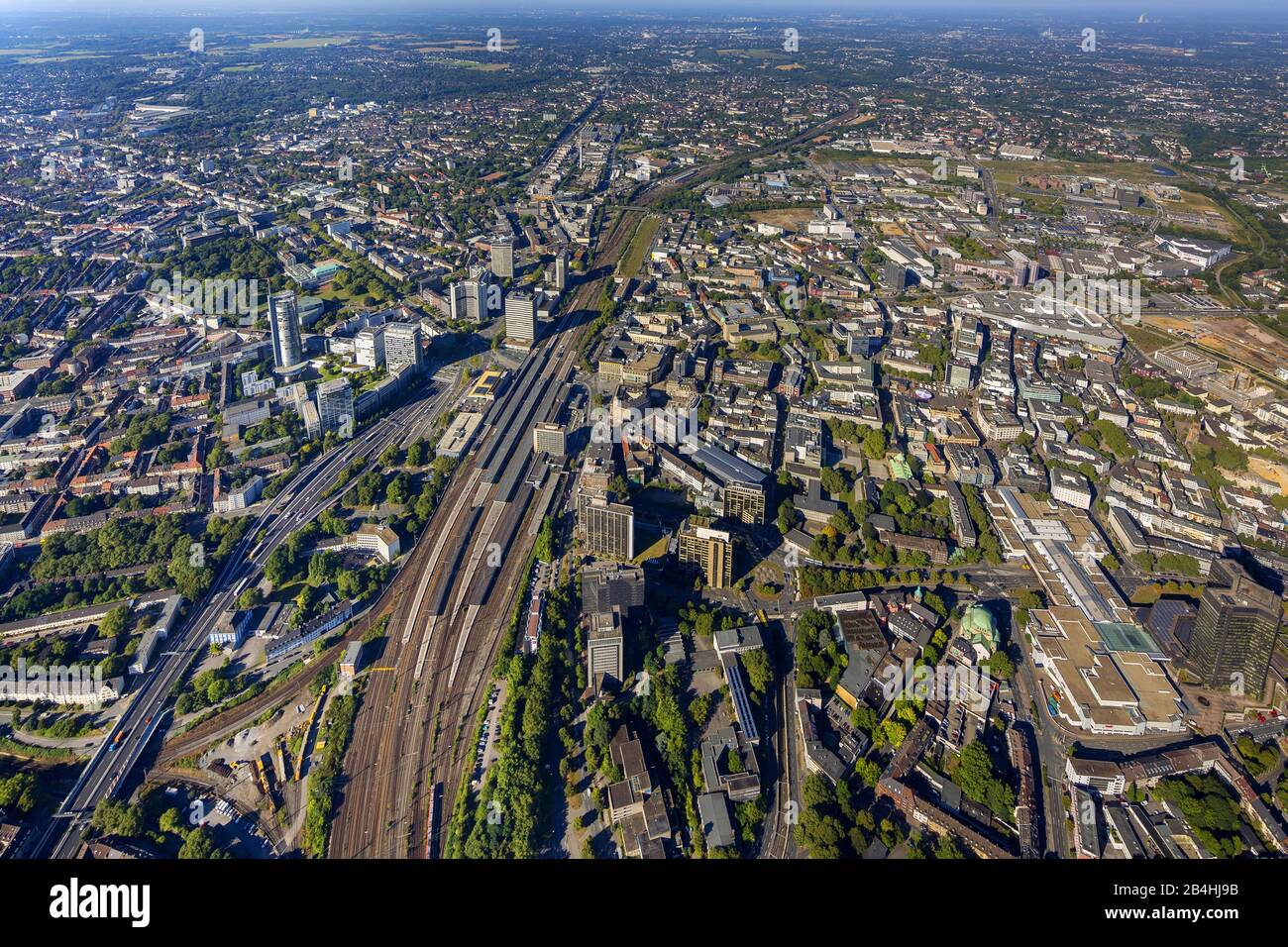 city centre of Essen with main station, RWE tower and Highway A40 ...