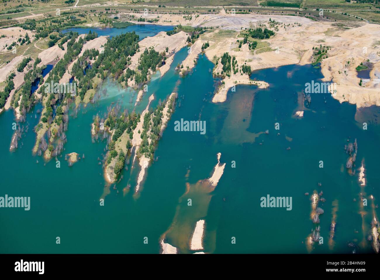 Aerial view of artificial lake, renaturation measure after coal mining ...