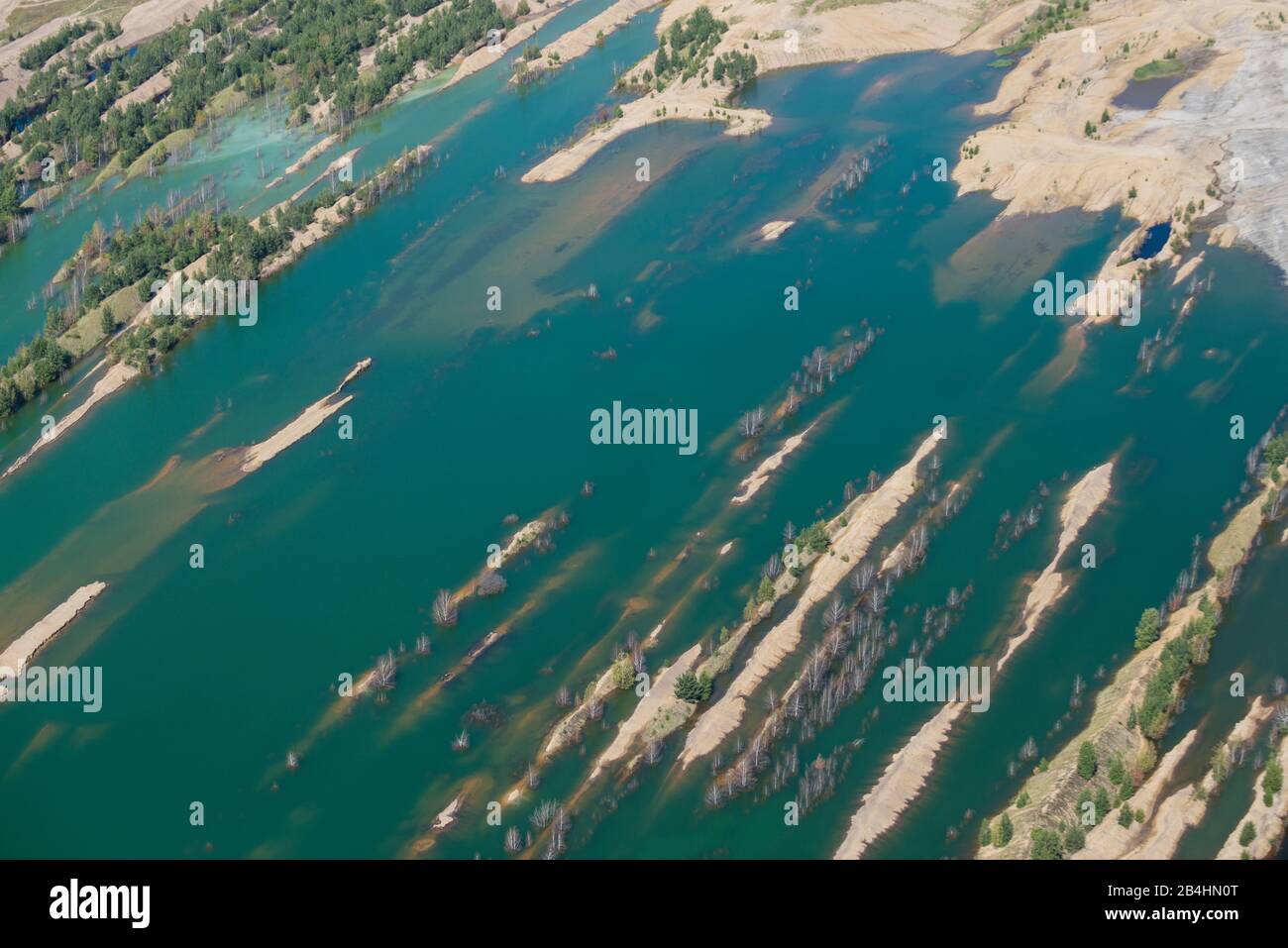 Aerial view of artificial lake, renaturation measure after coal mining ...