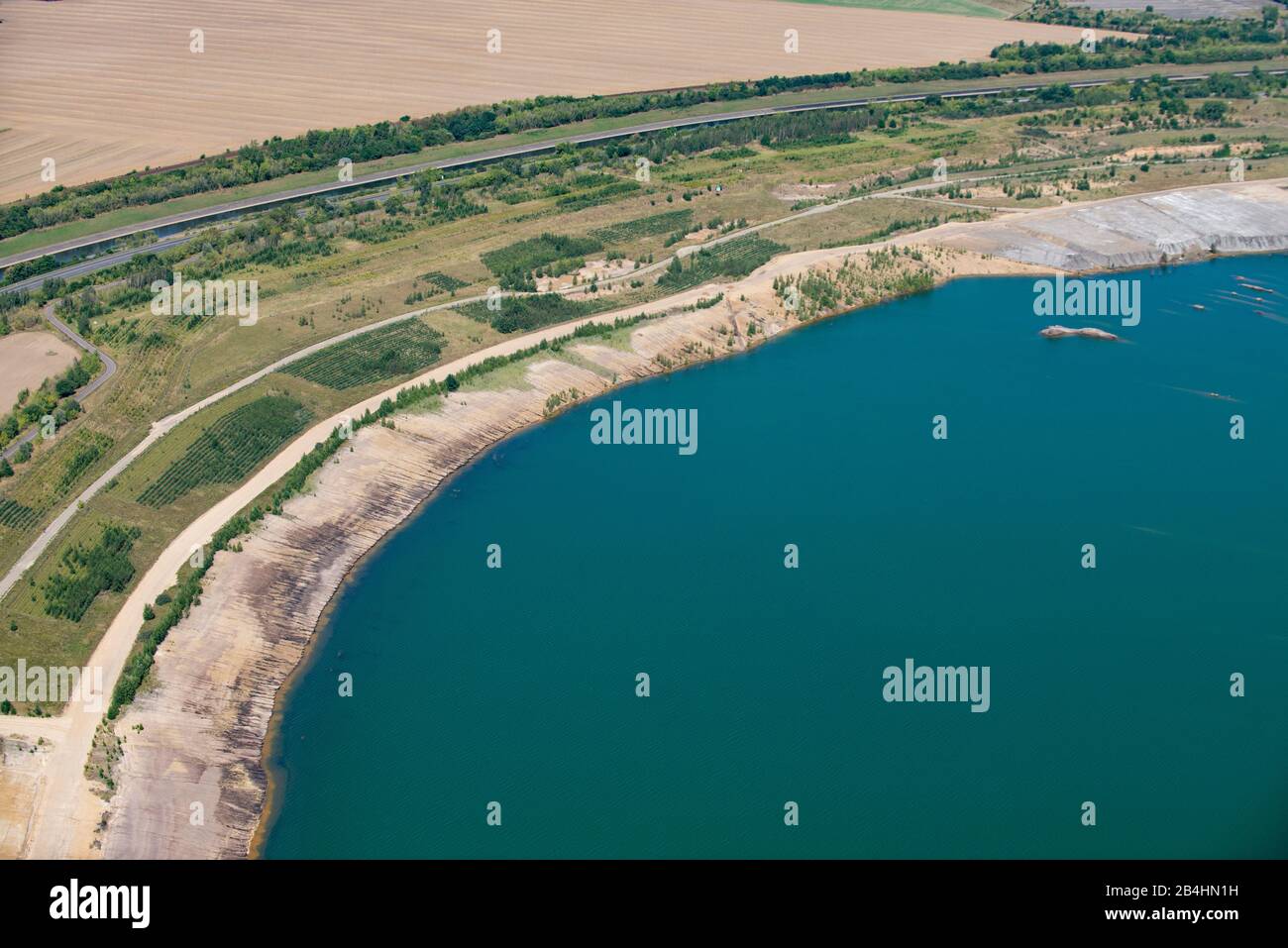 Aerial view of artificial lake, renaturation measure after coal mining ...