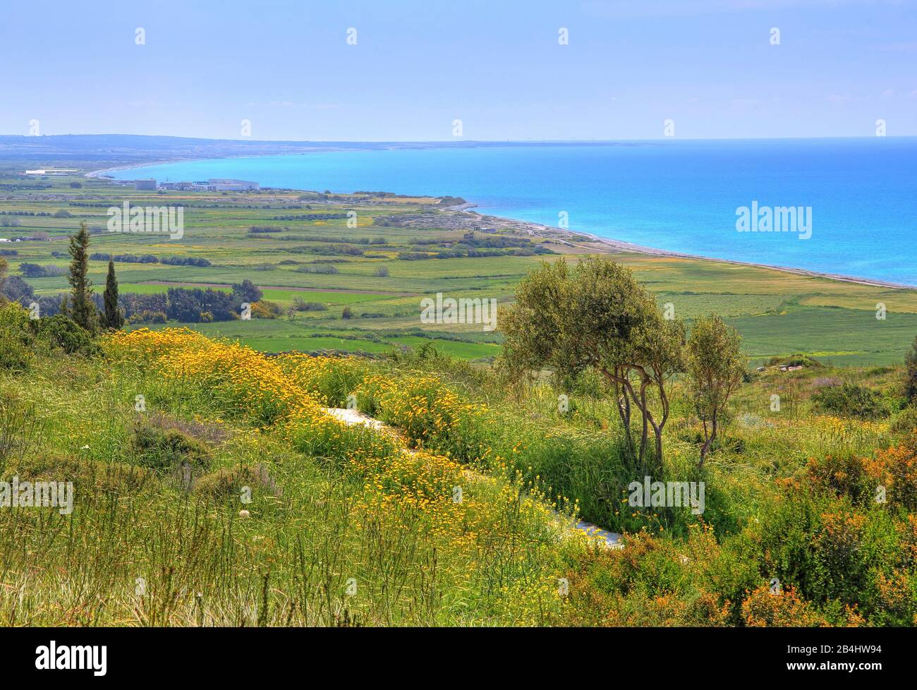 Coastal landscape in spring at the Kourion ancient archaeological site ...