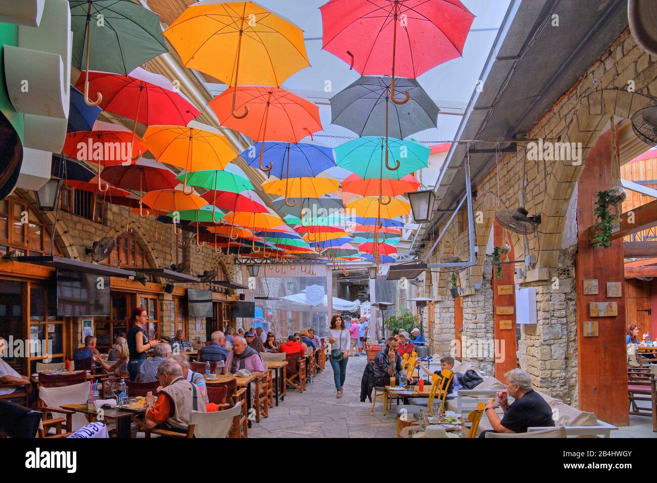 Old town street with restaurant tables Limassol, Bay of Akrotiri ...