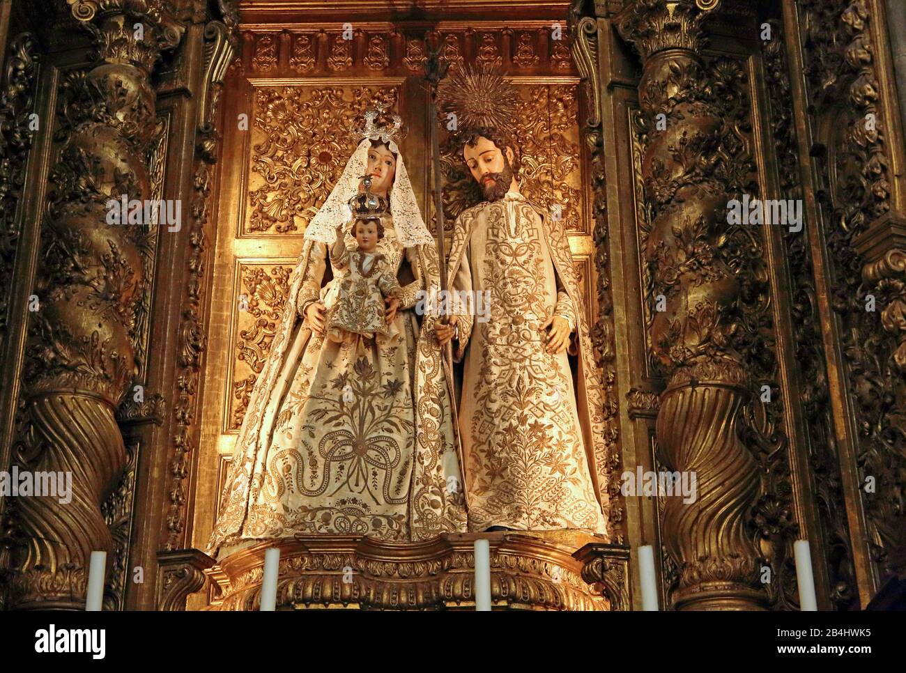 Figures of the Holy Family inside the monastery church of the Jeronimos ...