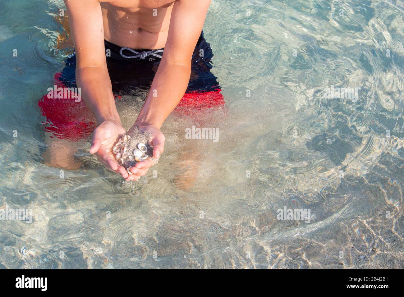 Hands, sand, shells, boy Stock Photo - Alamy