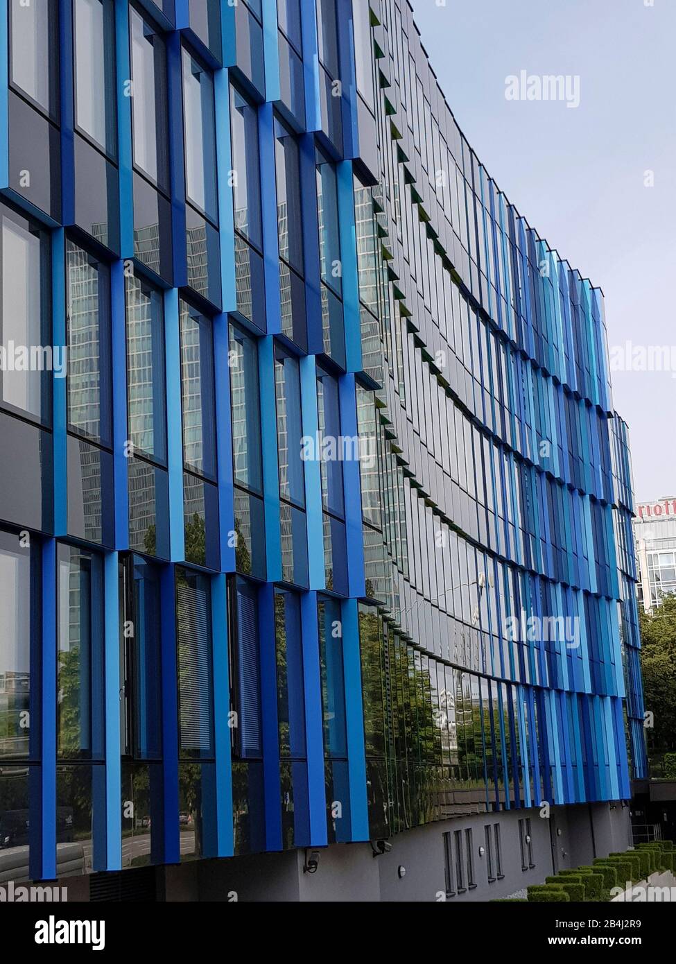 Munich Re (Munich Reinsurance Company), exterior facade with blue ...