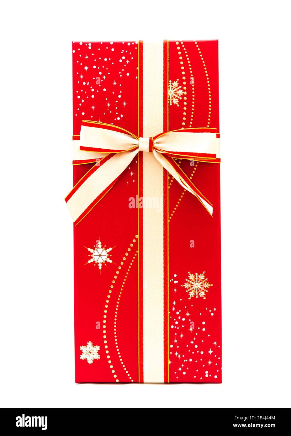 Close chocolate box with red and yellow bow ribbon isolated on white ...